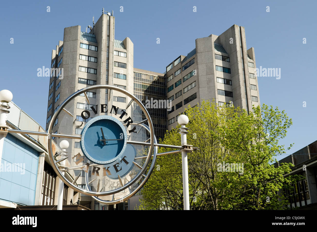 Coventry Market a sign and clock over a shopping centre in Coventry ...
