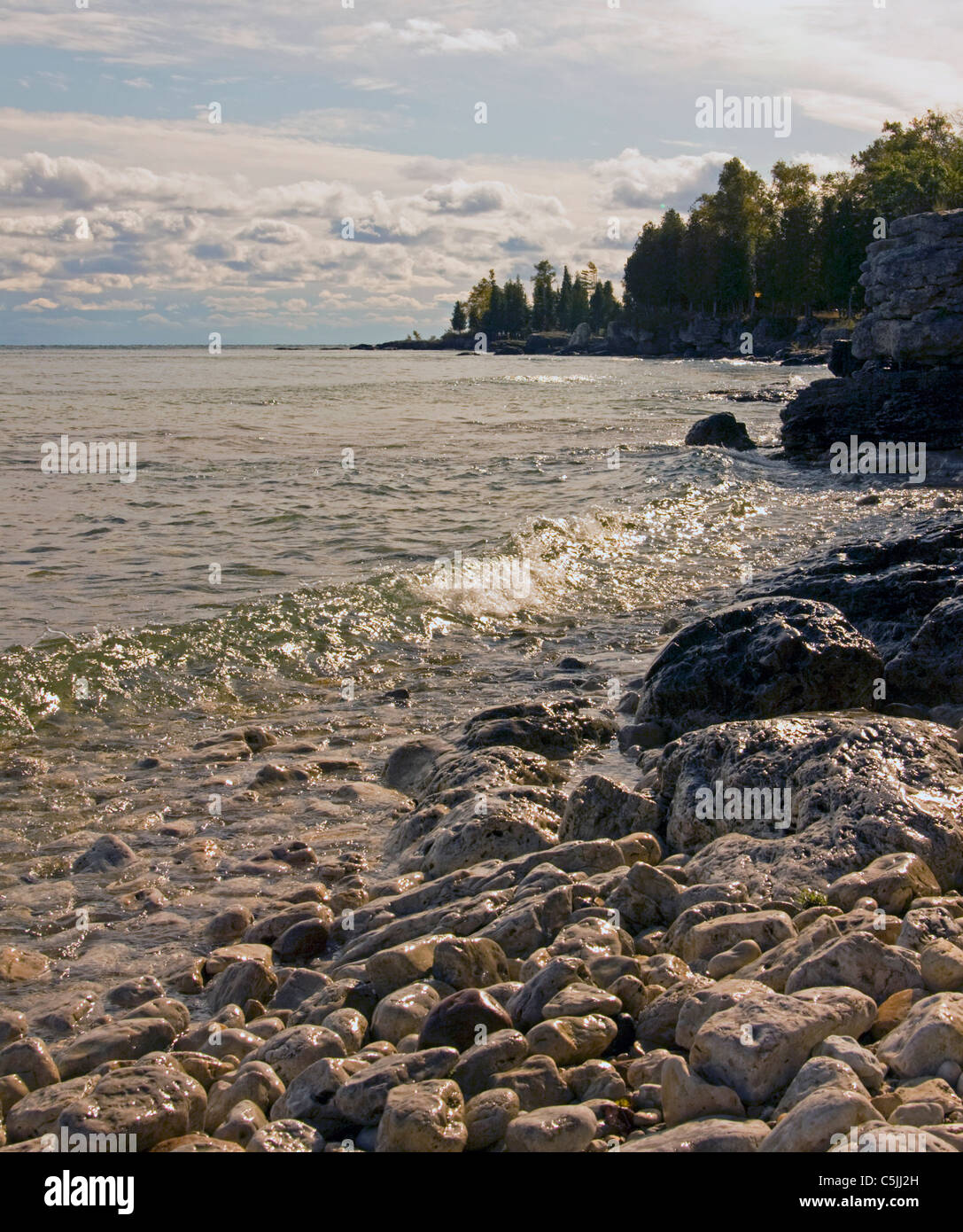 A rocky Lake Michigan shoreline of Washington Island, Door County ...