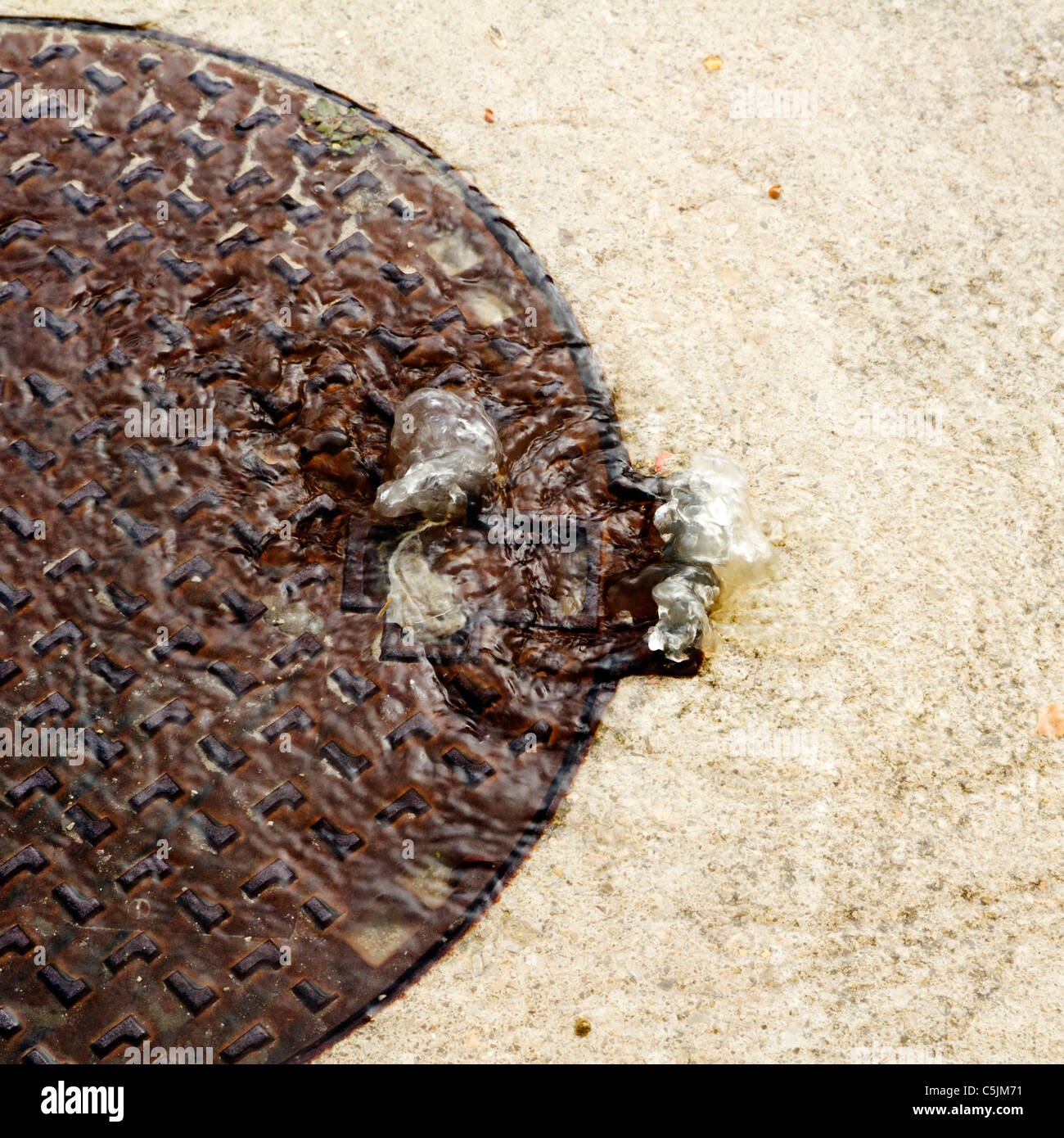 manhole over flowing water in a rainy day with sewerage problem Stock ...