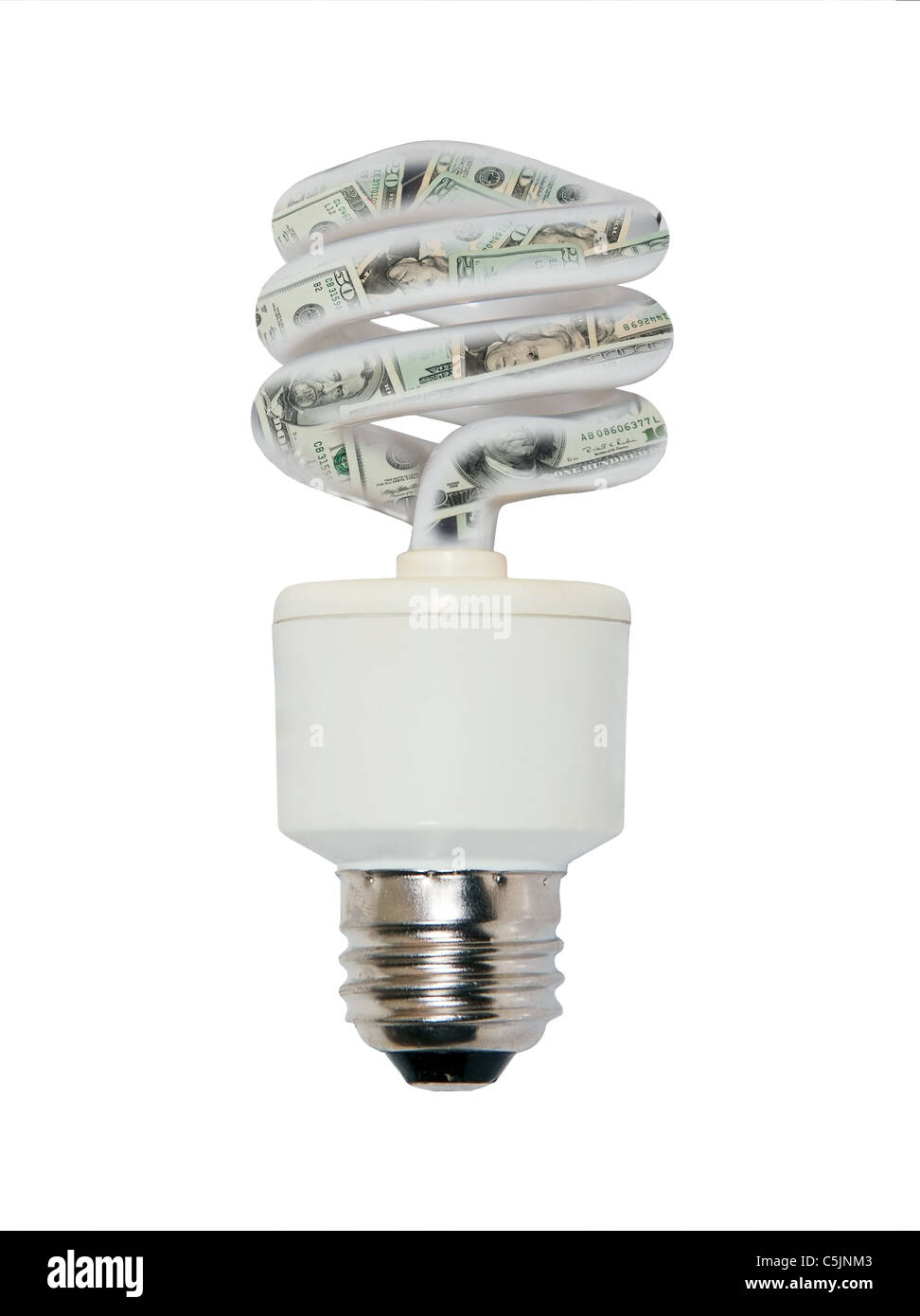 Power savings shown by money inside a spiral light bulb used to light a ...