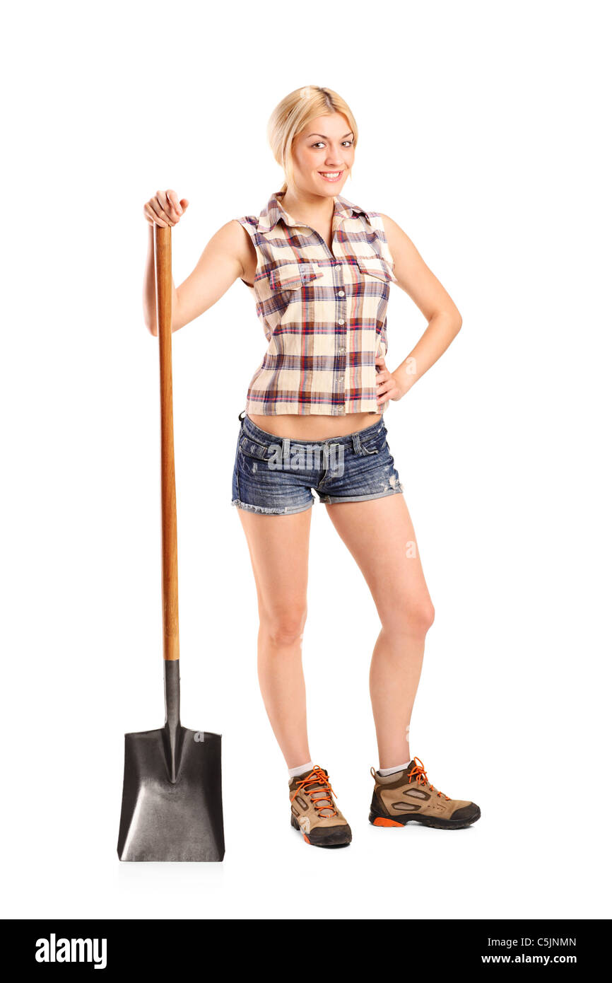 Happy Female Farmer Holding Shovel High Resolution Stock Photography ...