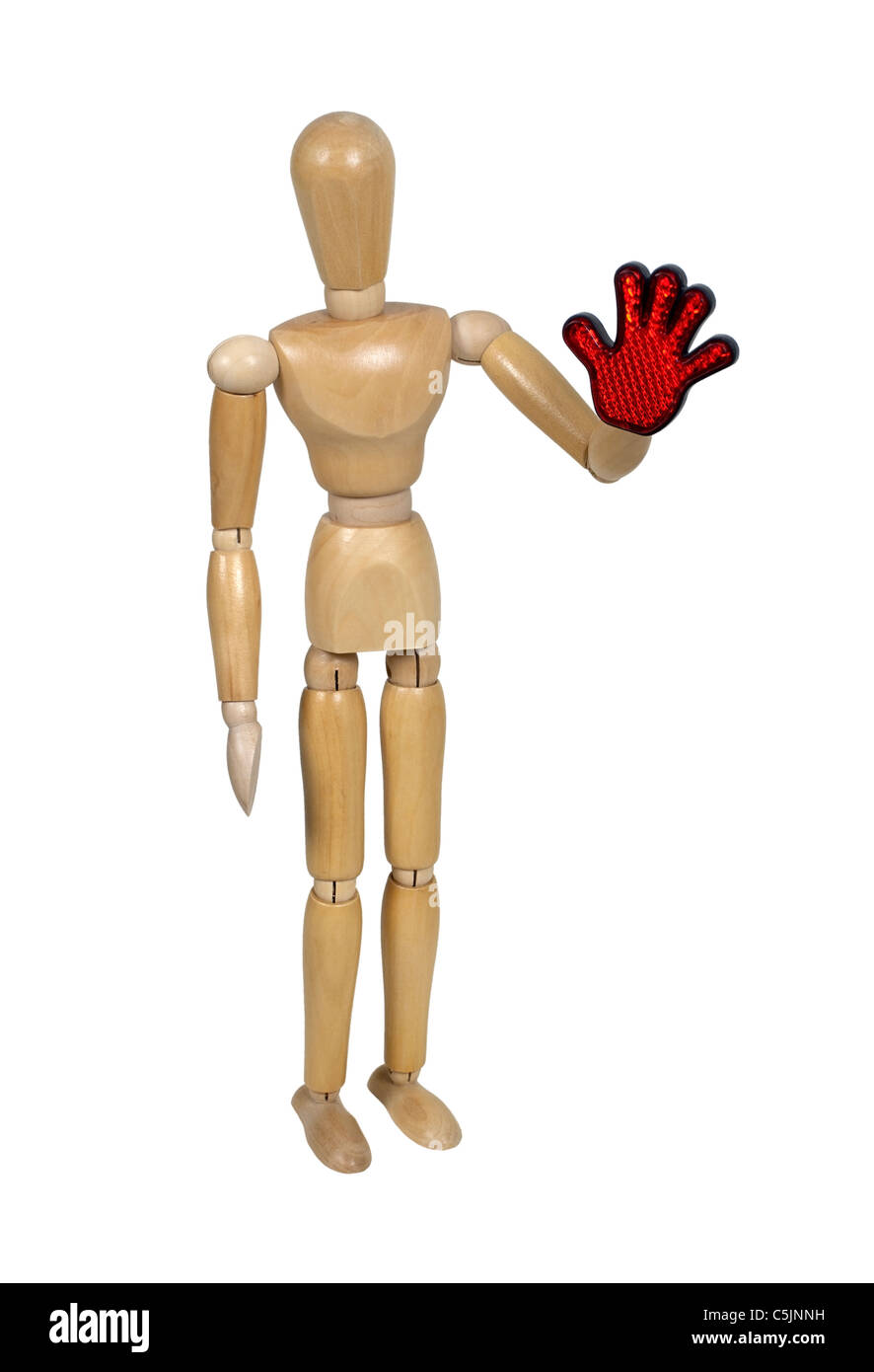 Model holding up a red reflective hand as a symbol of warning or to ...