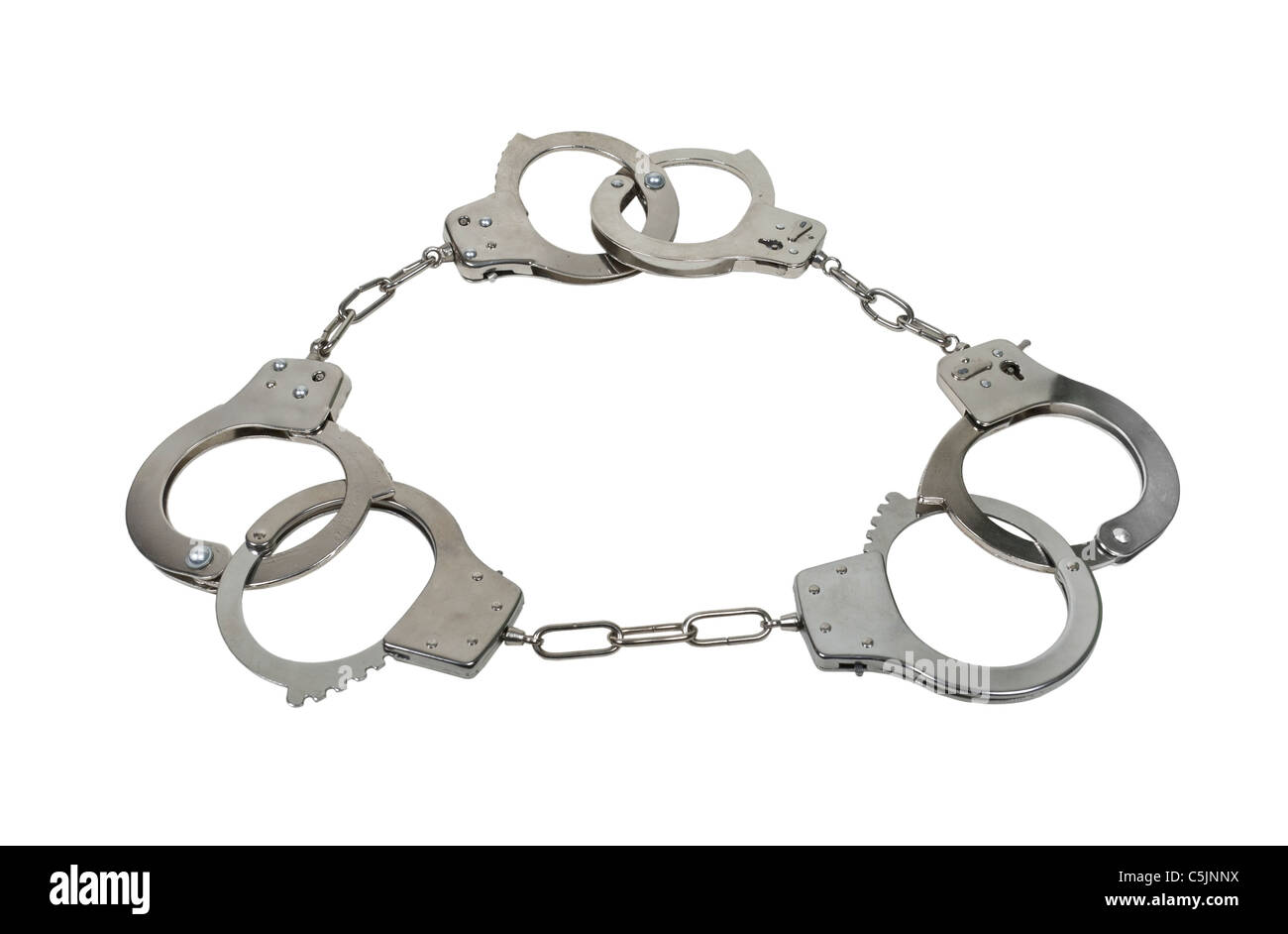Three strikes handcuffs shown by three sets of handcuffs made of metal ...