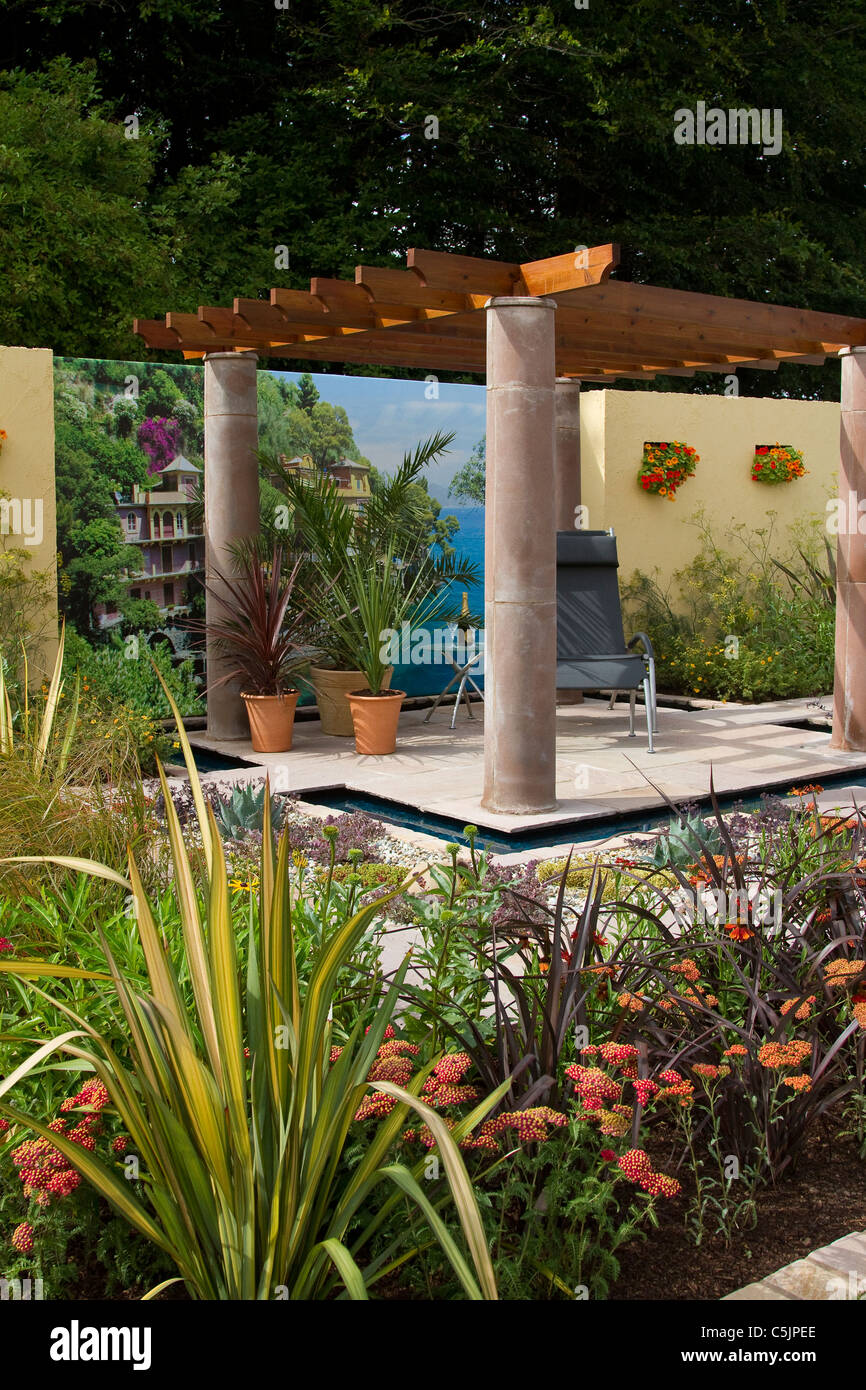 Formal Terrace, wooden arbour, water feature, patio and stone pillars ...