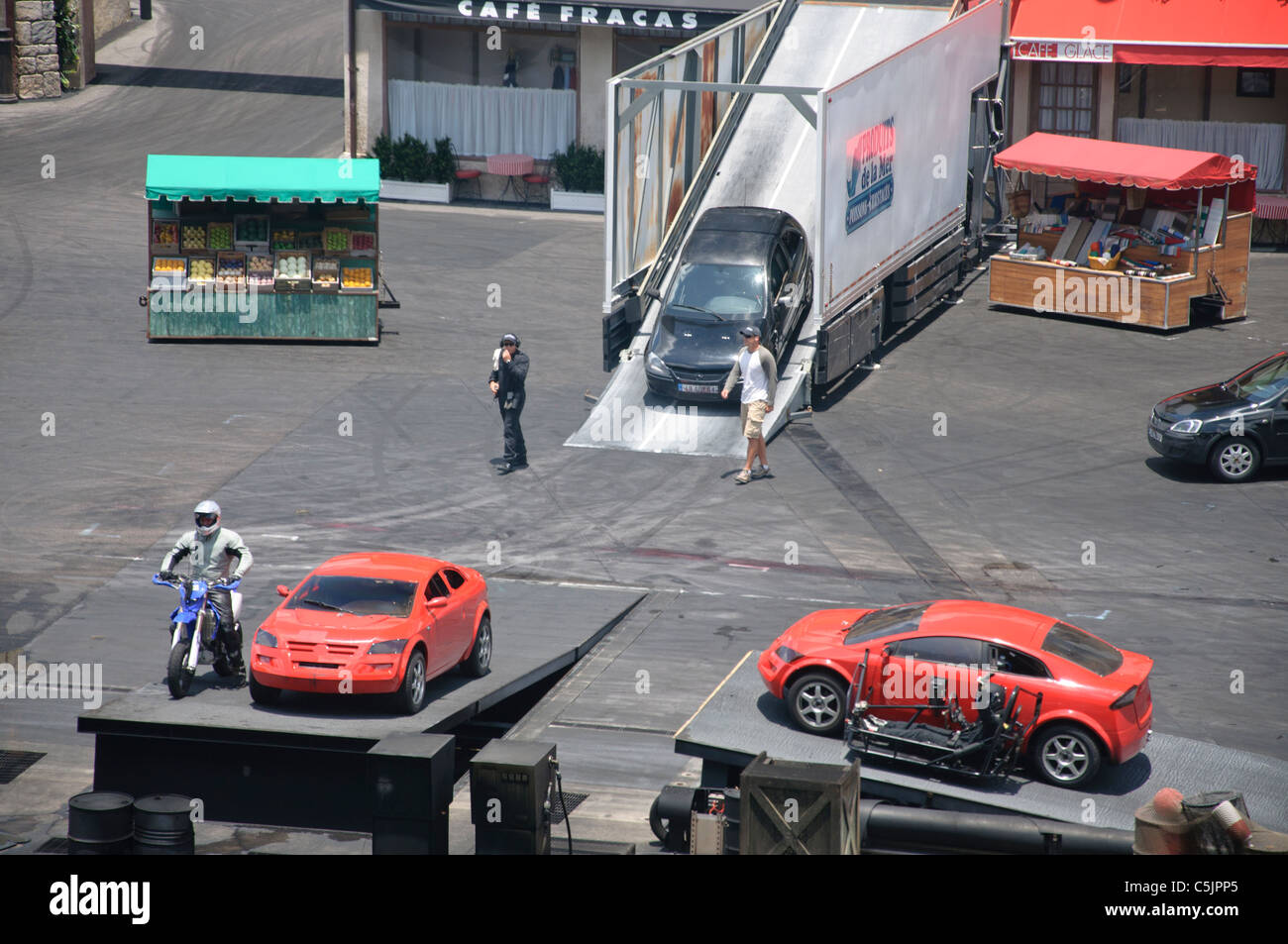 Action sequence stunt car motorbike show with explosions, jumps and ...