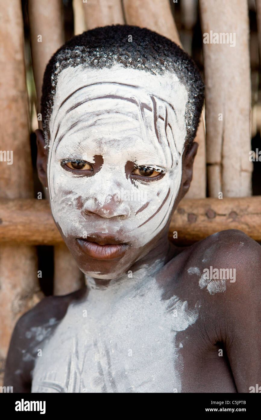 Portrait of a Karo tribes-boy at the village of Kolcho in the Lower Omo ...