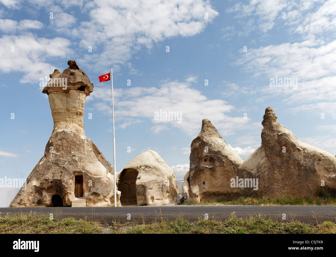 Church formed from limestone caves, Coppadocia, Turkey. Bus stop ...
