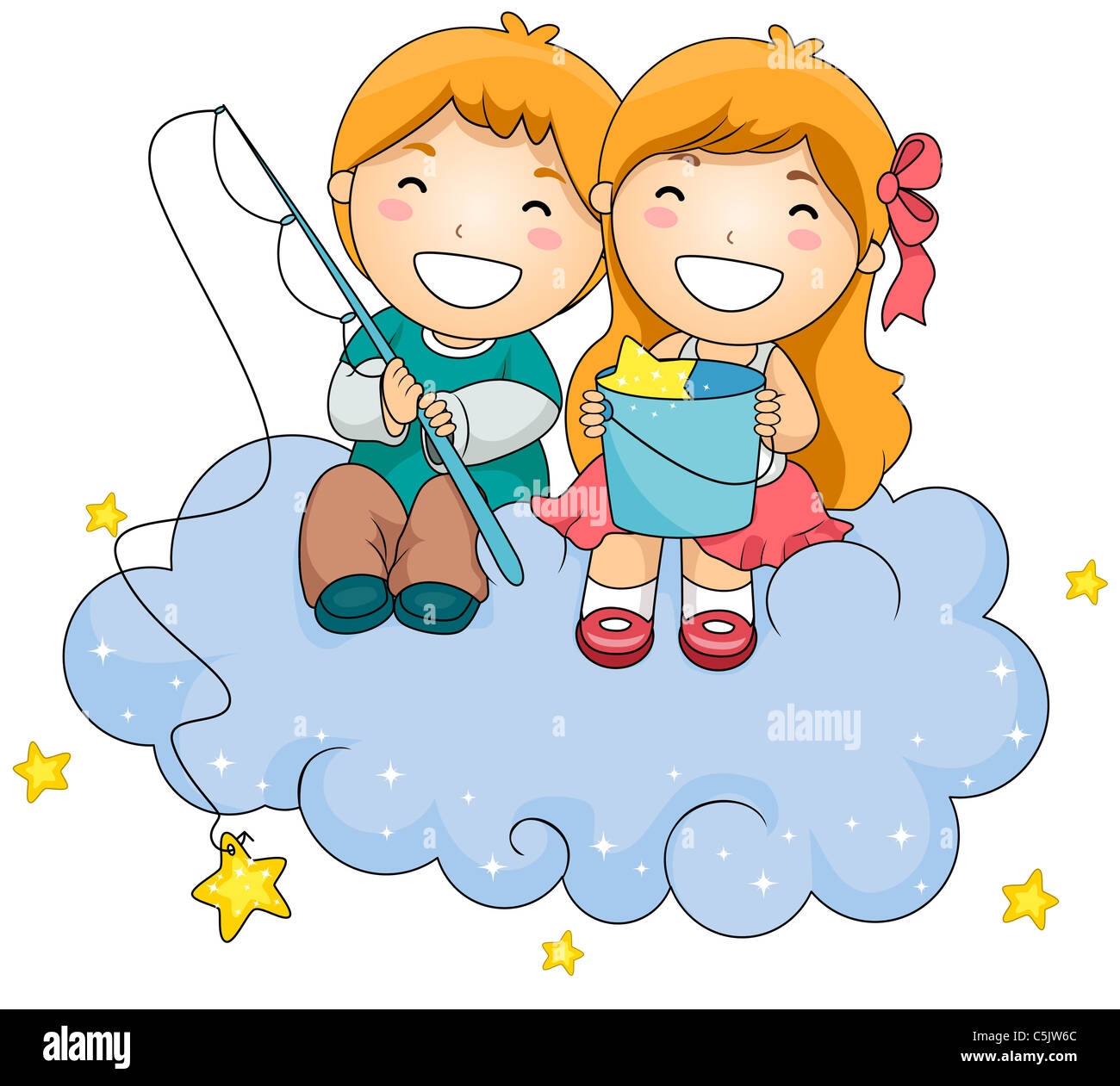 Illustration of a Young Boy and Girl Sitting on a Cloud While Fishing ...