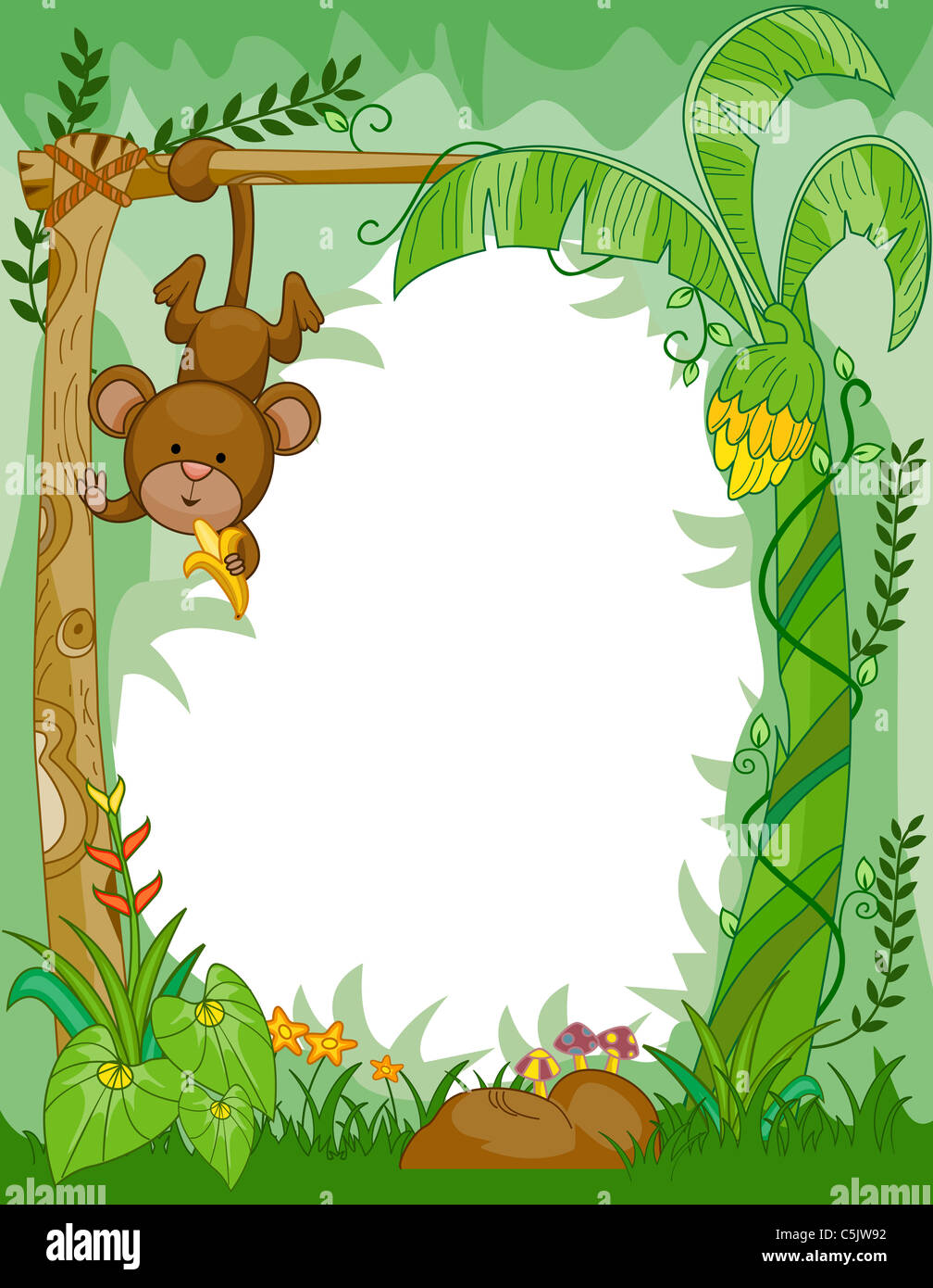 Frame Design Featuring a Monkey Eating Bananas in the Jungle Stock ...