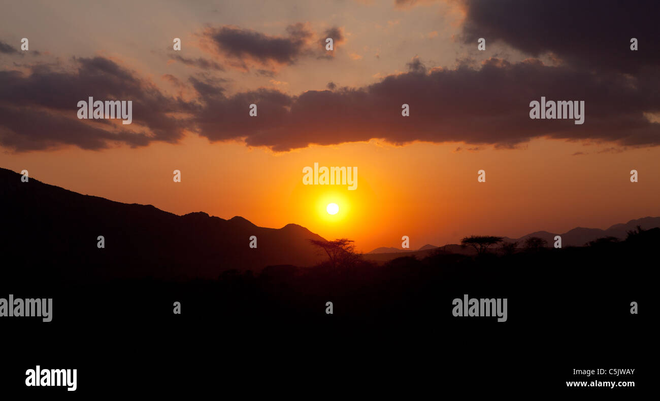 Beautiful orange sunset in Africa with shades of baobab trees Stock ...