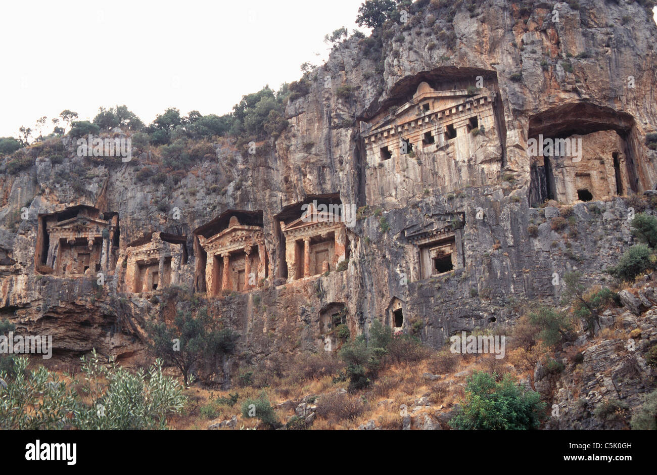Lycian rock tombs in the historical city of Kaunos in Dalyan, Turkey ...