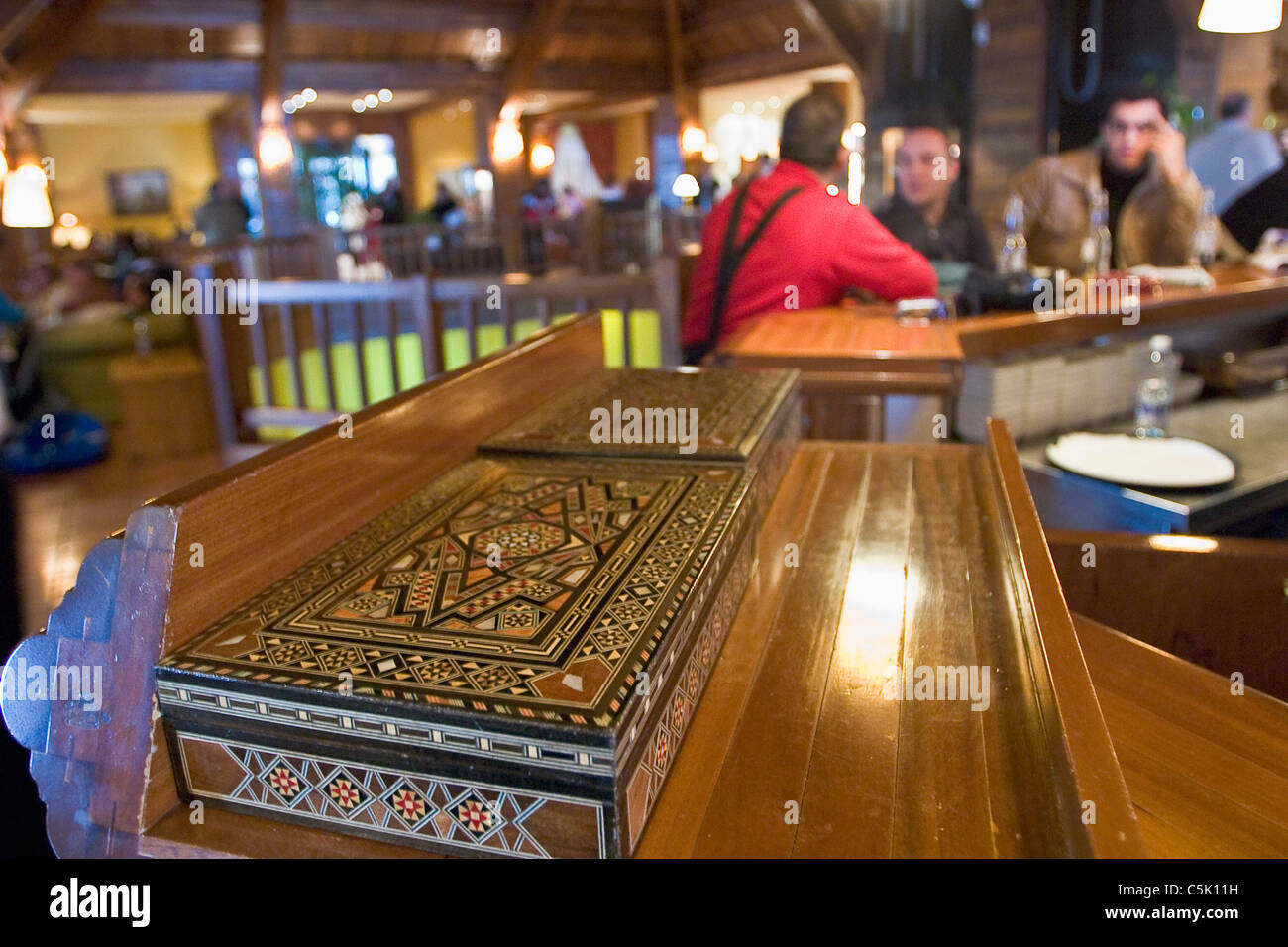 Backgammon set on the bar of the Mzaar Inter-Continental hotel and ski ...