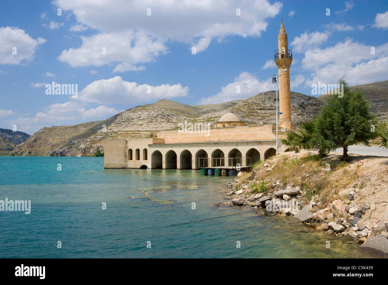 Halfeti Merkez Camii (Central Mosque) partly flooded by the lake of ...