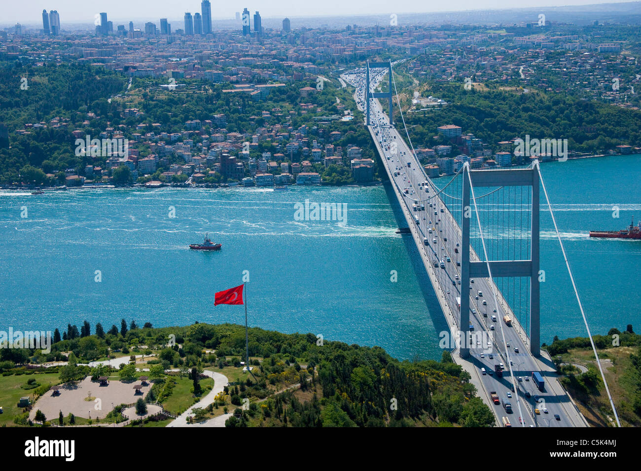 Fatih Sultan Mehmet Bridge over the Bosphorus, aerial, Istanbul - 2010 ...