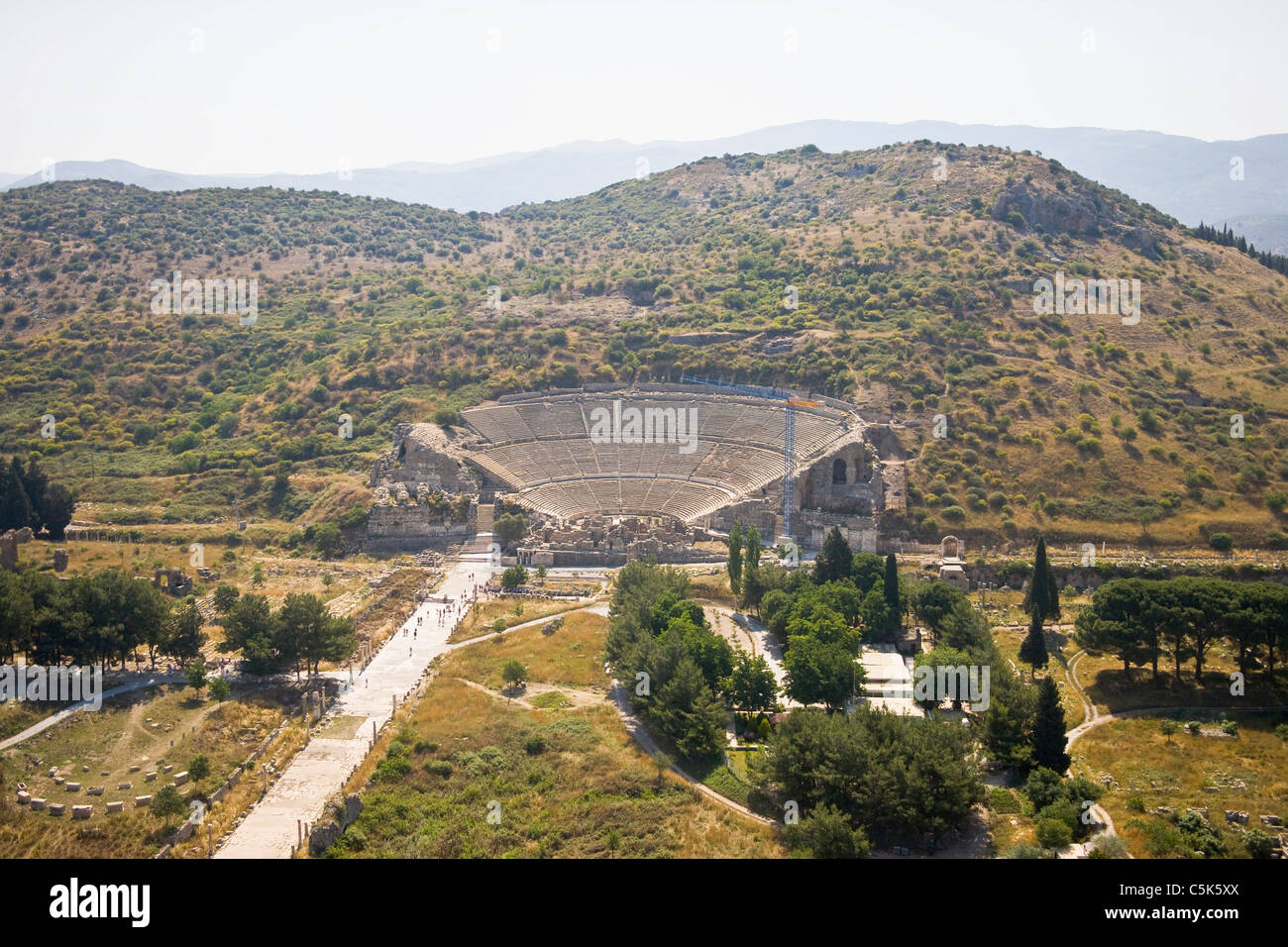 Aerial view of the amphitheater and the road in the ancient city of ...