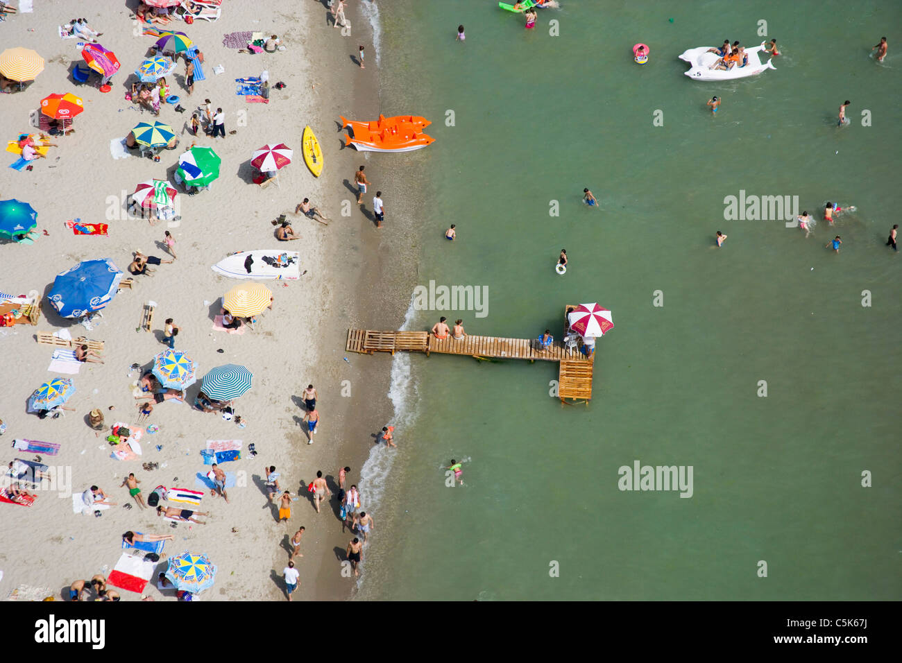 People enjoying the beach and swimming in the sea, aerial, Buyukcekmece ...