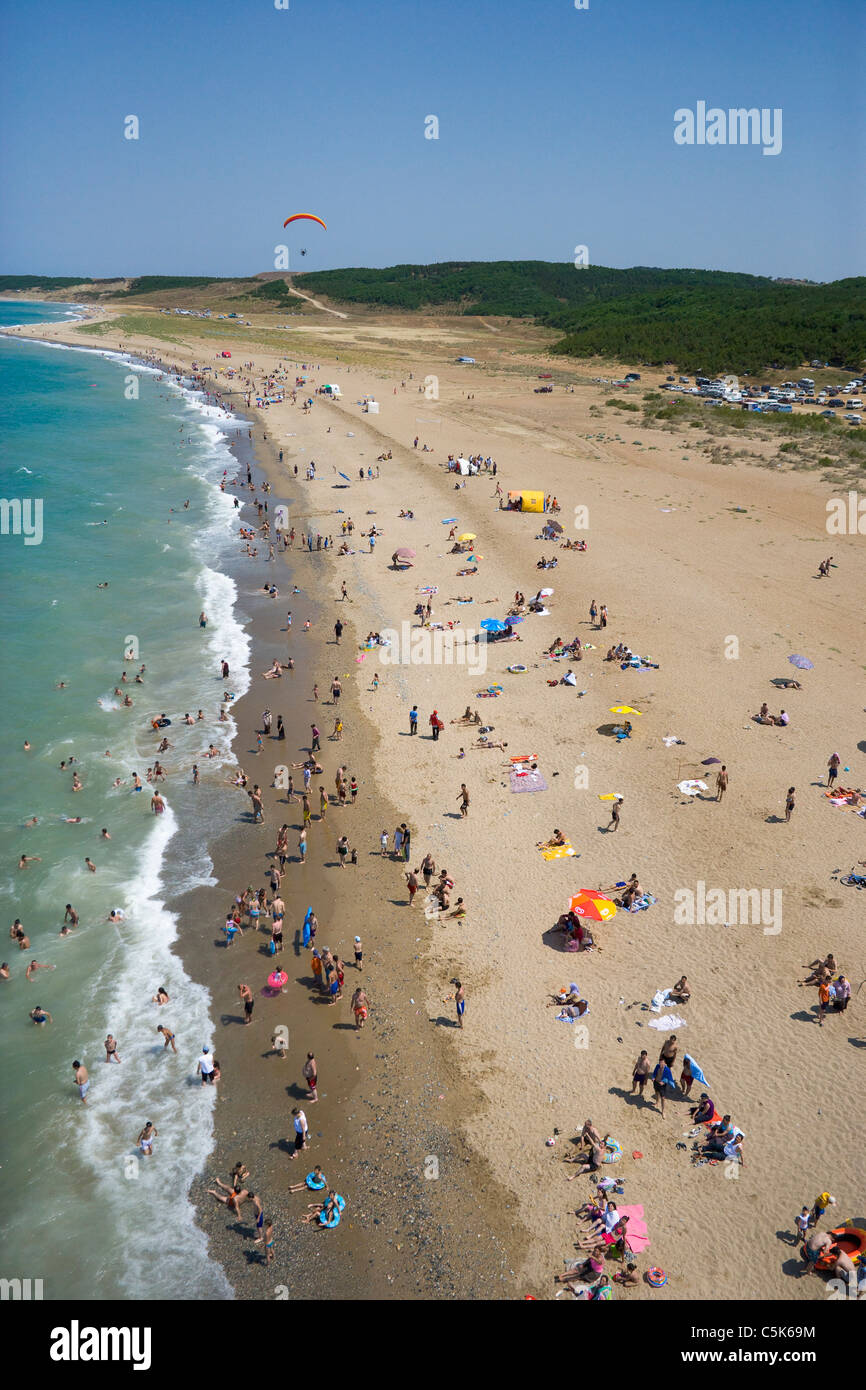 People enjoying the beach and swimming in the sea, aerial, Agacli ...