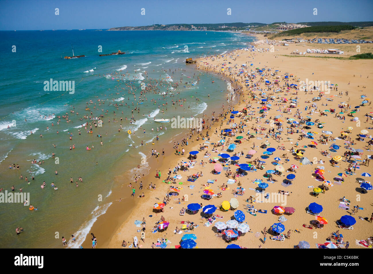 People enjoying the beach and swimming in the sea, aerial, Gumusdere ...