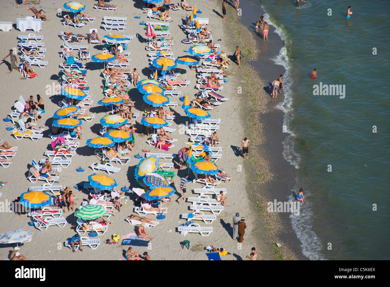 People enjoying the beach and swimming in the sea, aerial, Buyukcekmece ...