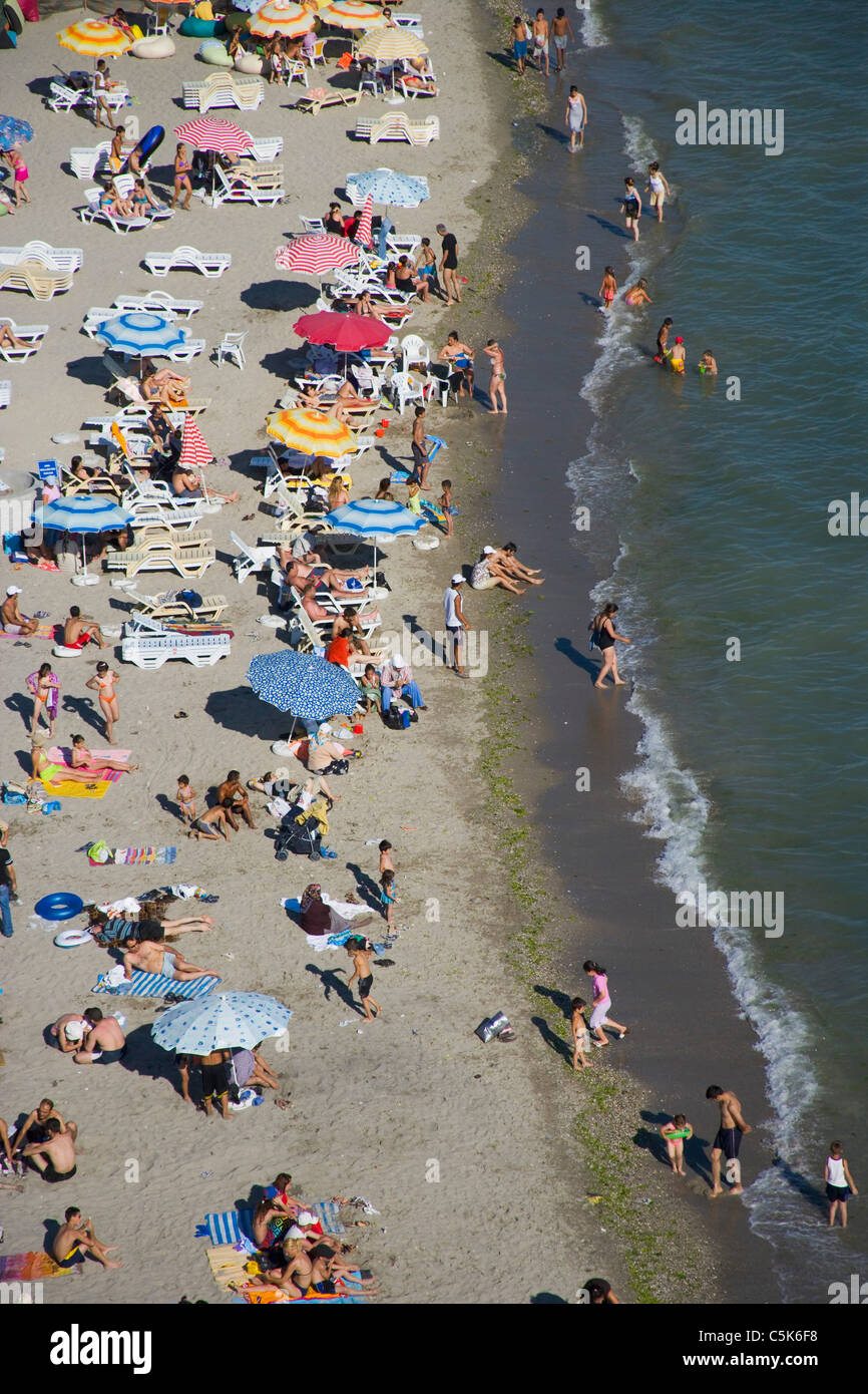 People enjoying the beach and swimming in the sea, aerial, Buyukcekmece ...