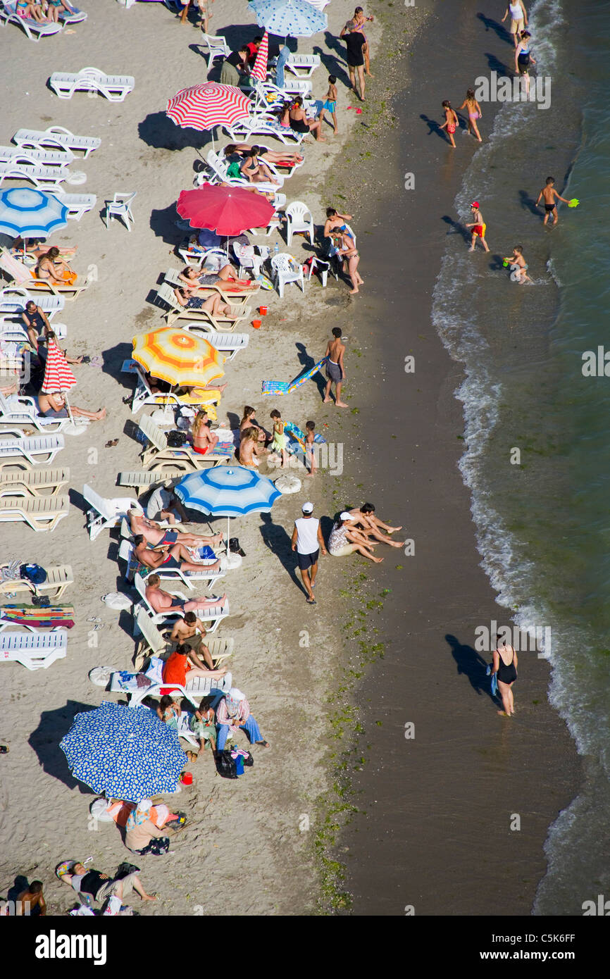 People enjoying the beach and swimming in the sea, aerial, Buyukcekmece ...