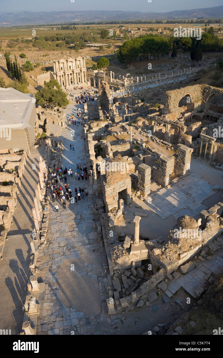 Aerial view of tourists visiting the ancient city of Ephesus, Selcuk ...