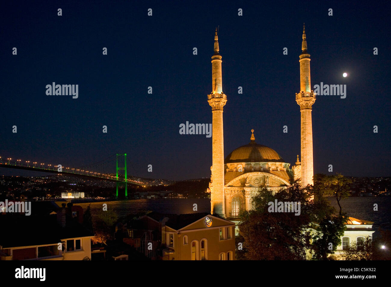 The Great (Buyuk) Mecidiye Mosque and The Bosphorus Bridge at night ...