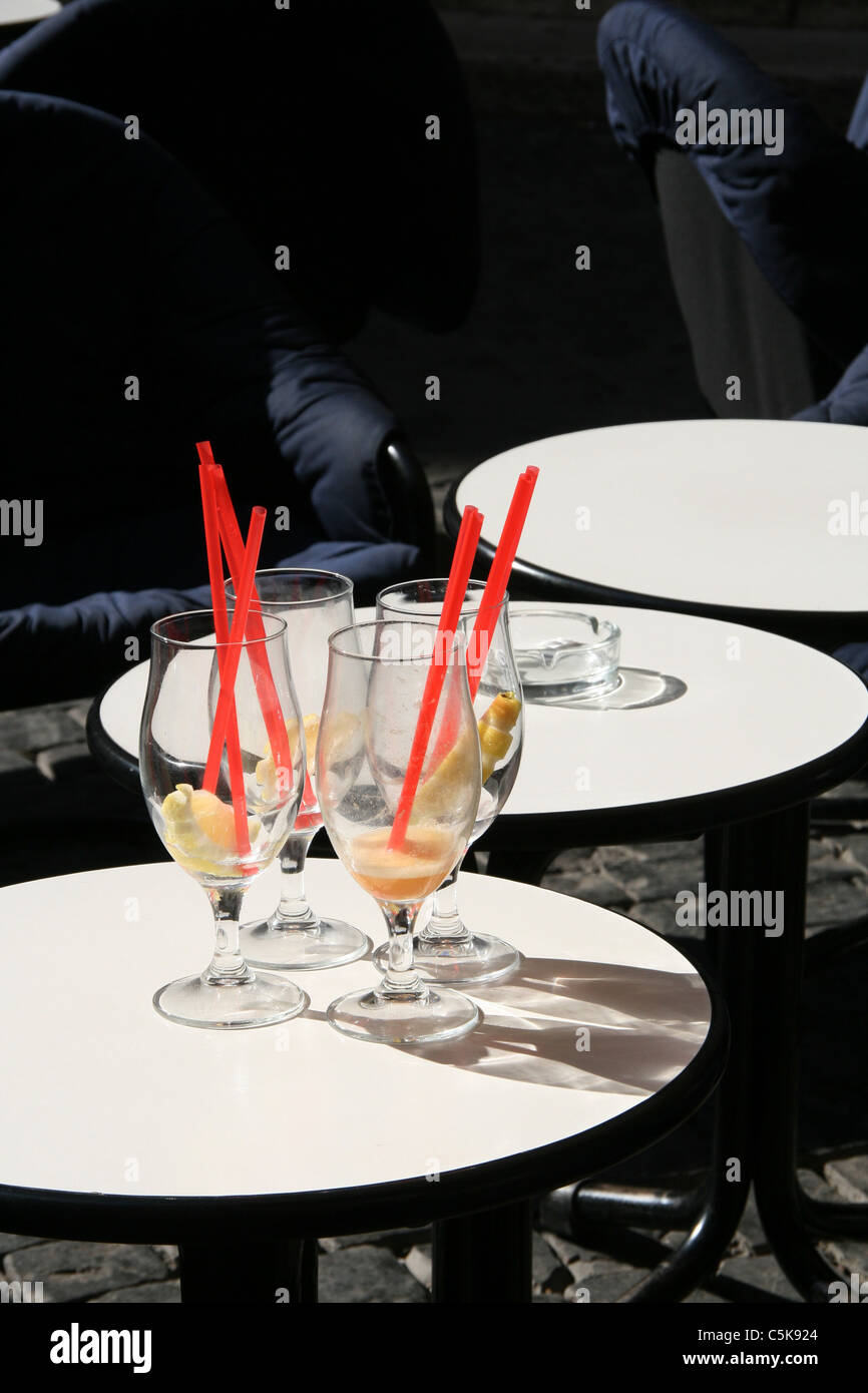 empty cocktail glasses on table at outside bar restaurant Stock Photo ...