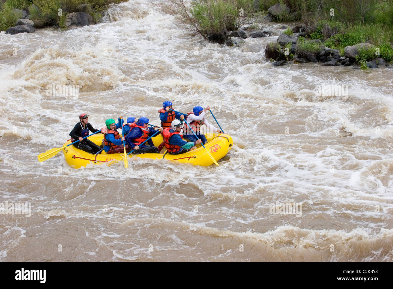 Rafters at confluence of the Rio Grande and the Rio Pueblo Stock Photo ...