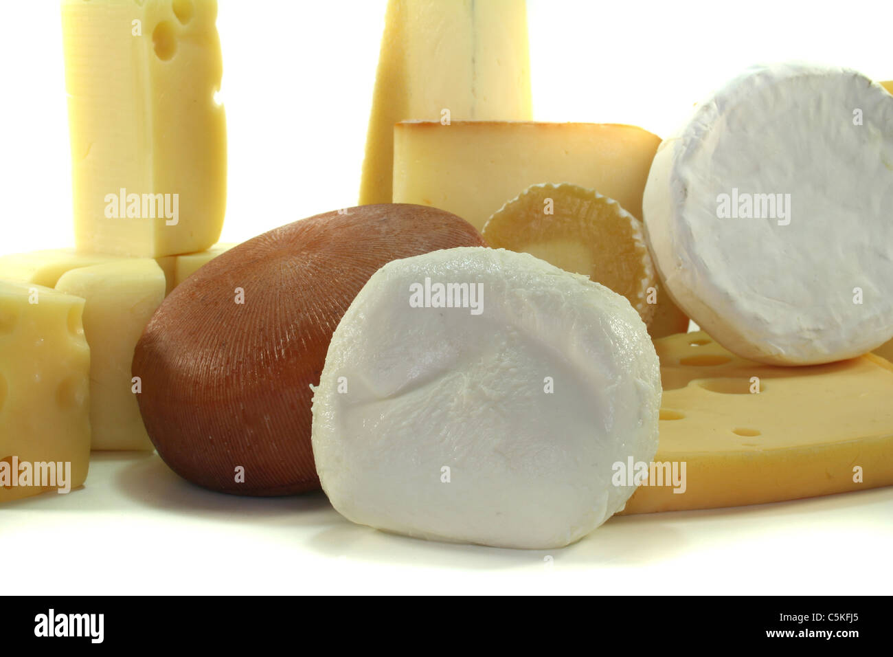 different types of cheese on a white background Stock Photo - Alamy