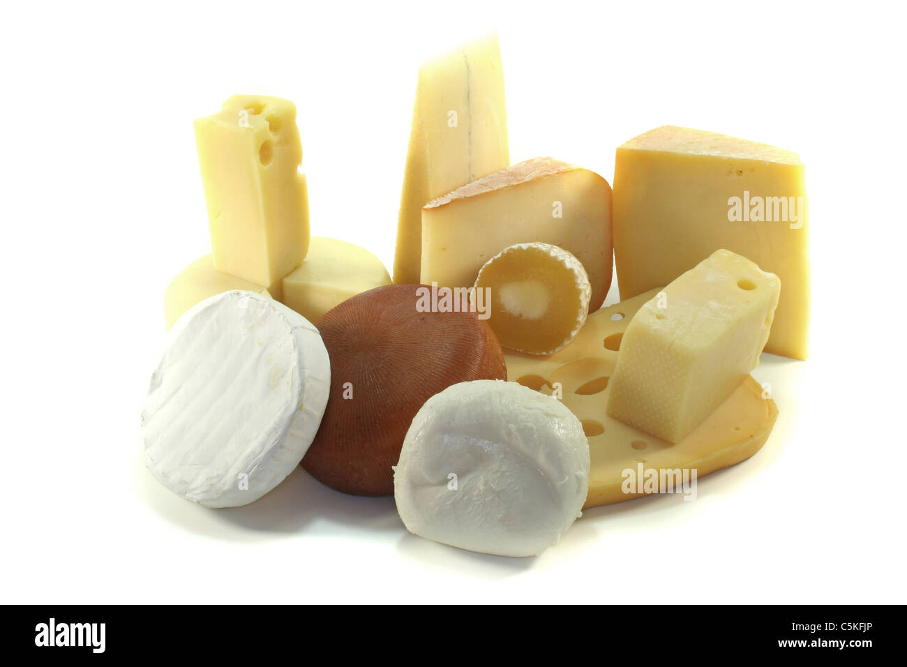 different types of cheese on a white background Stock Photo - Alamy