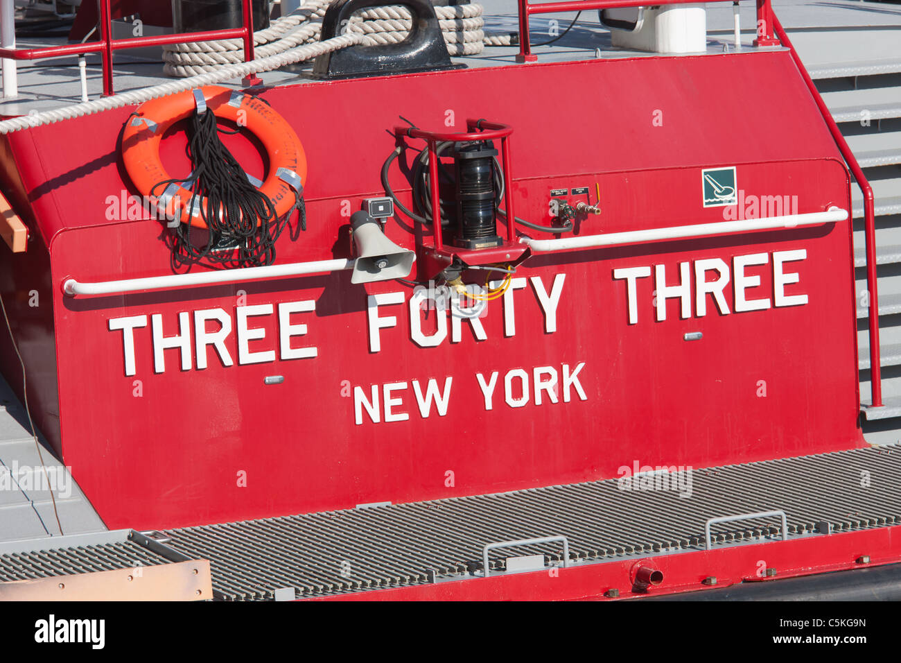 The rear of FDNY Marine 1 fire boat "Three Forty Three" moored in its ...