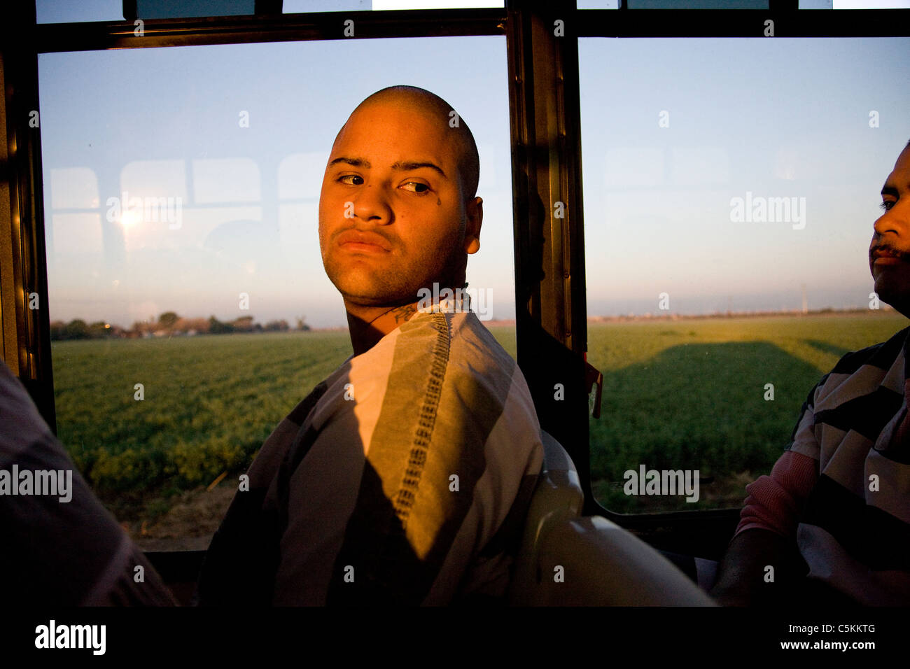 An inmate on the male chain gang on a bus a dawn near Phoenix Arizona ...
