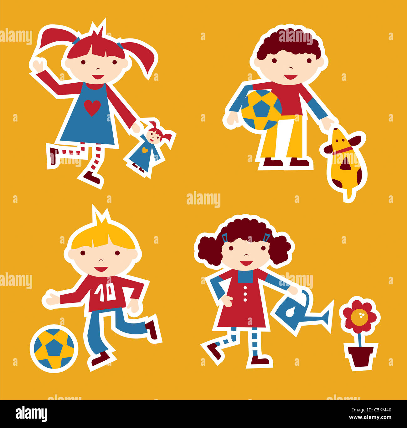 Cute modern style illustration of children playing with their favourite ...