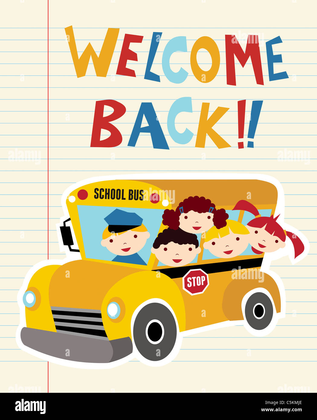 Welcome Back to school bus with children background. Hand drawn text ...
