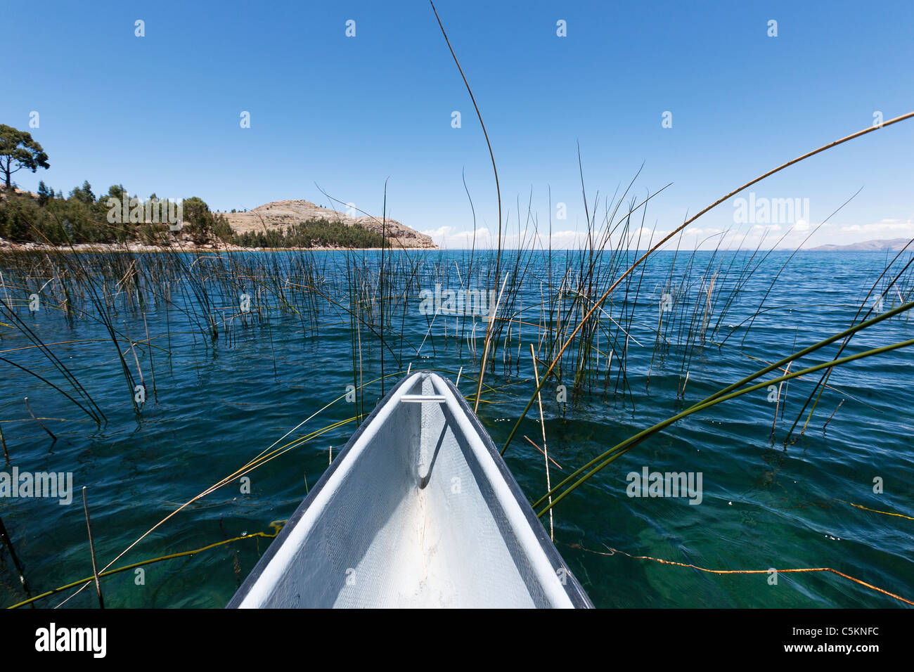 A man paddles a Canadian canoe on Lake Titicaca from Suasi, the only ...