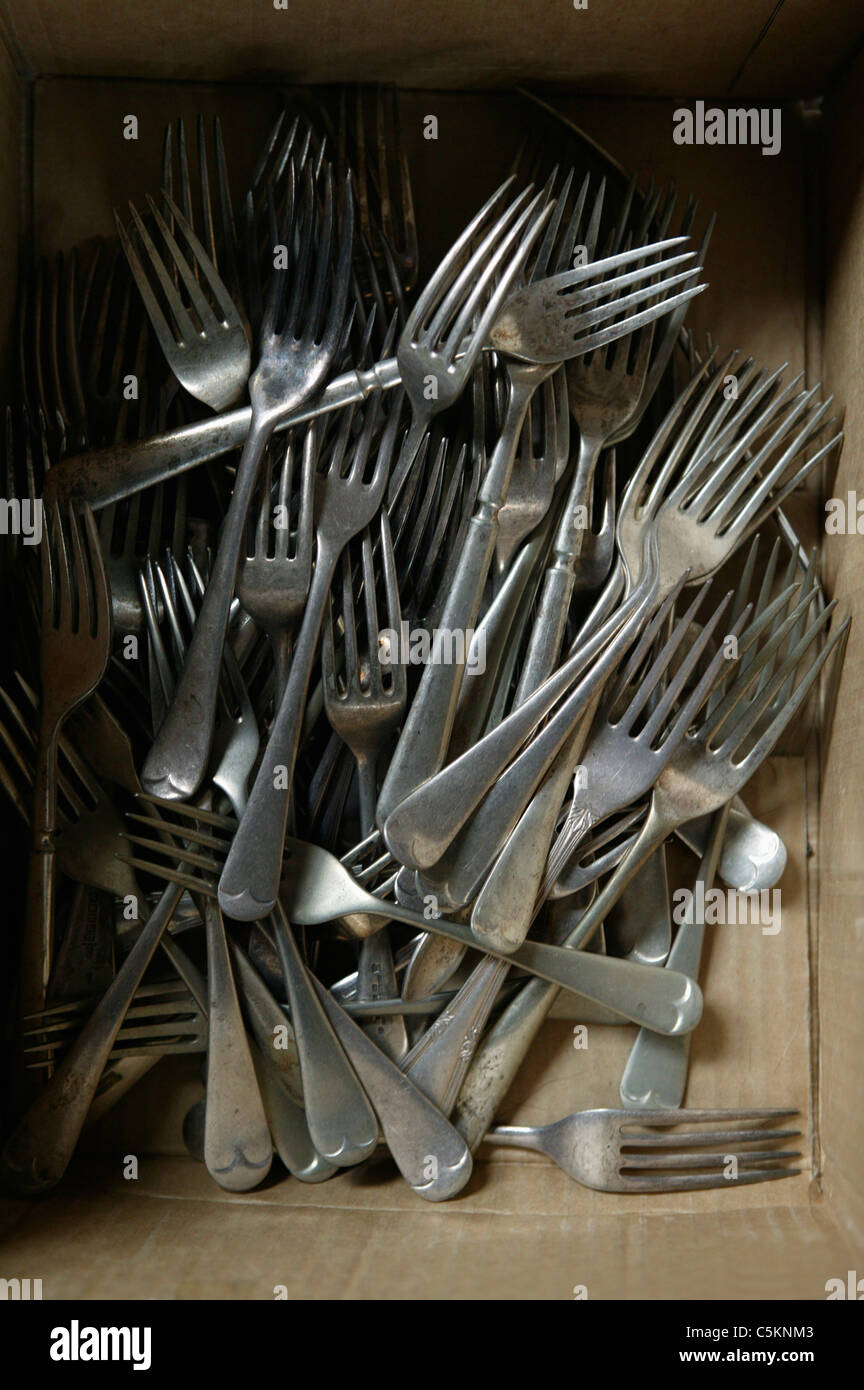 A lot of old silver forks in a cardboard box Stock Photo - Alamy