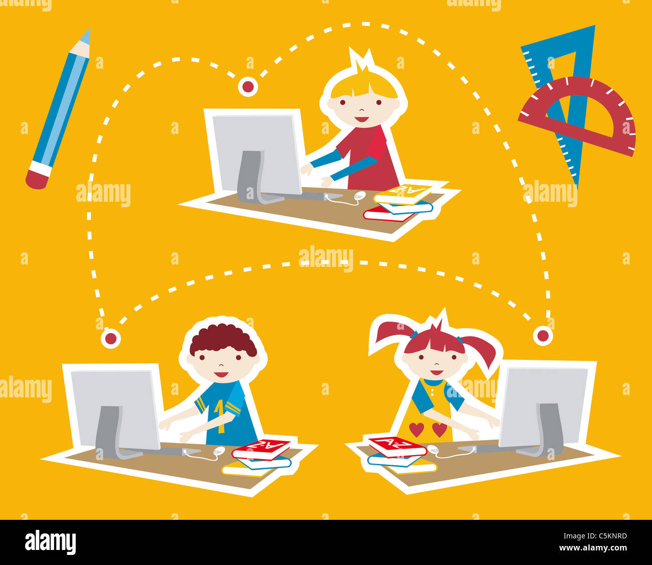 Children learning and social school communication diagram. Internet as ...