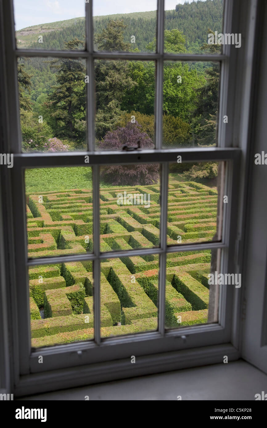 View of maze in garden from an upstairs window, Traquair House near ...
