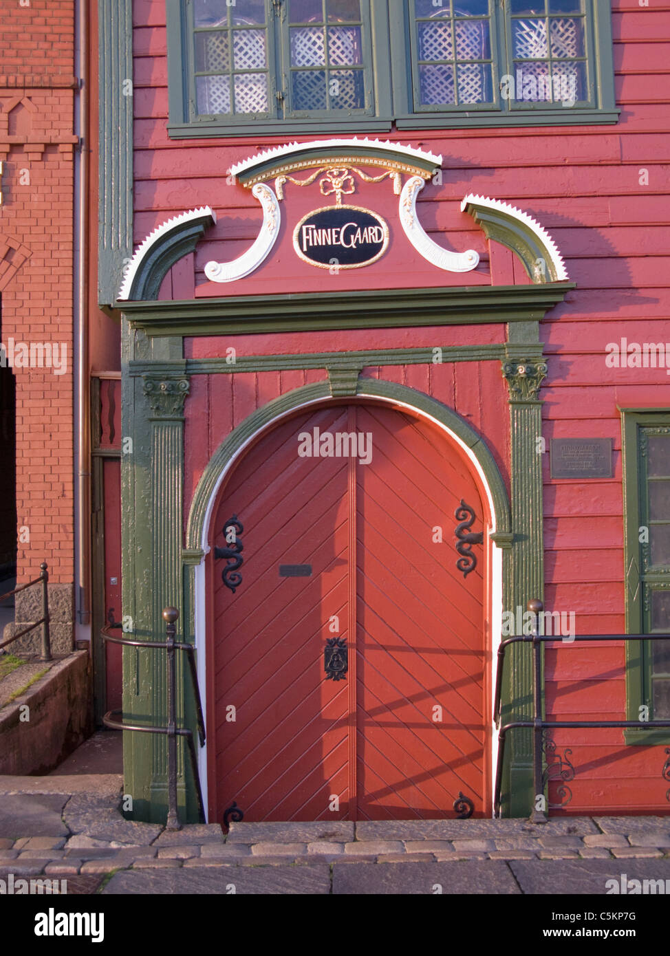 Doorway of an old gabled timber inn in Bryggen, Bergen, Norway Stock ...