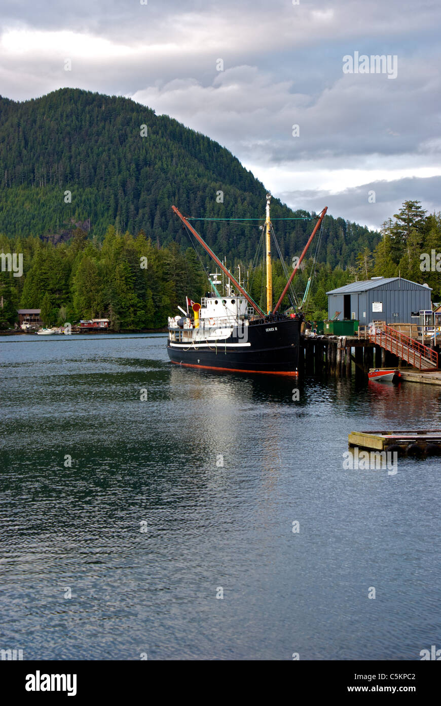 MV Uchuck 111 at berth at Walters island wharf Kyuquot Sound west coast ...