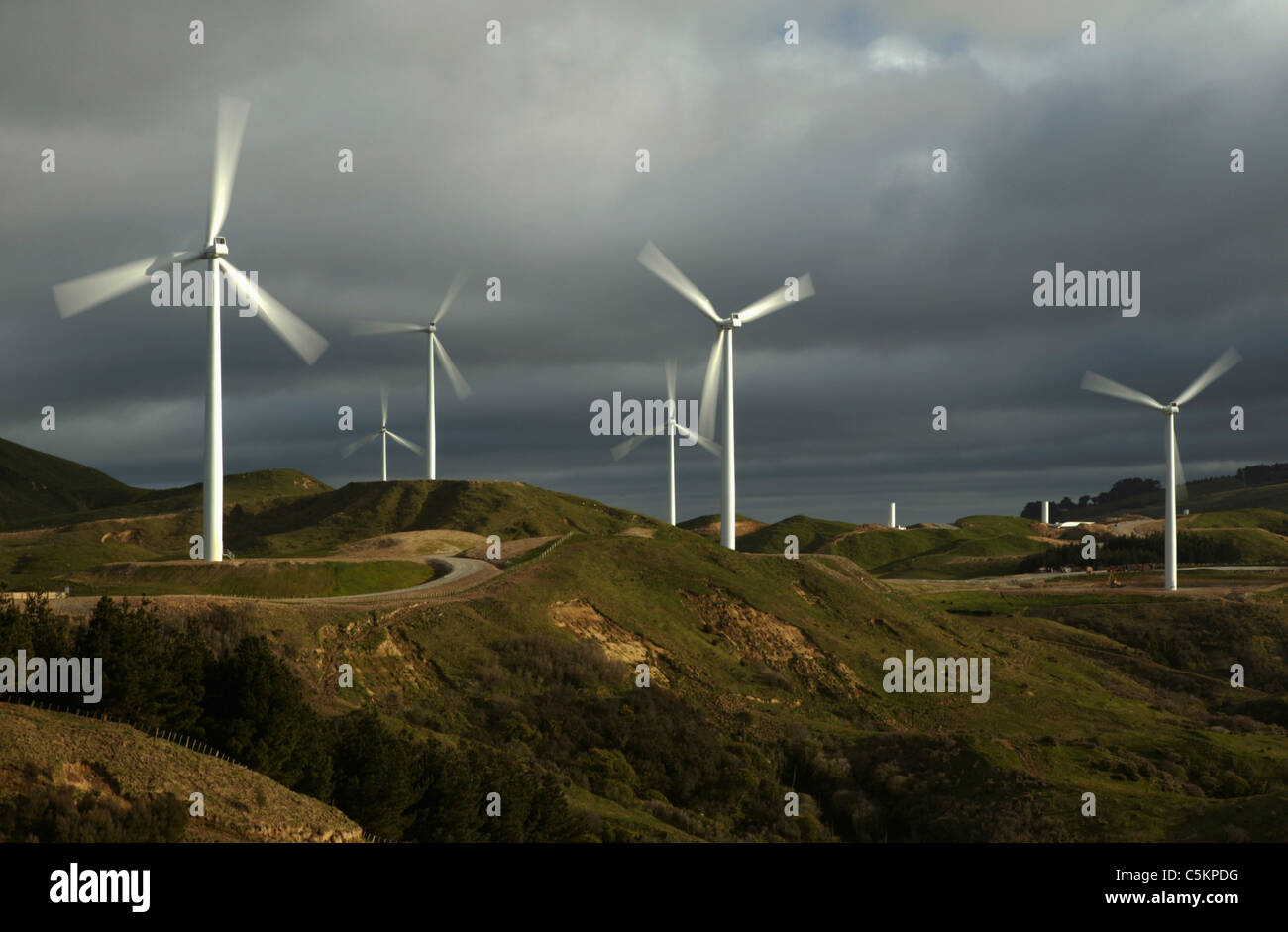 New Zealand, Te Apiti Wind Farm, electricity-generating wind turbines ...