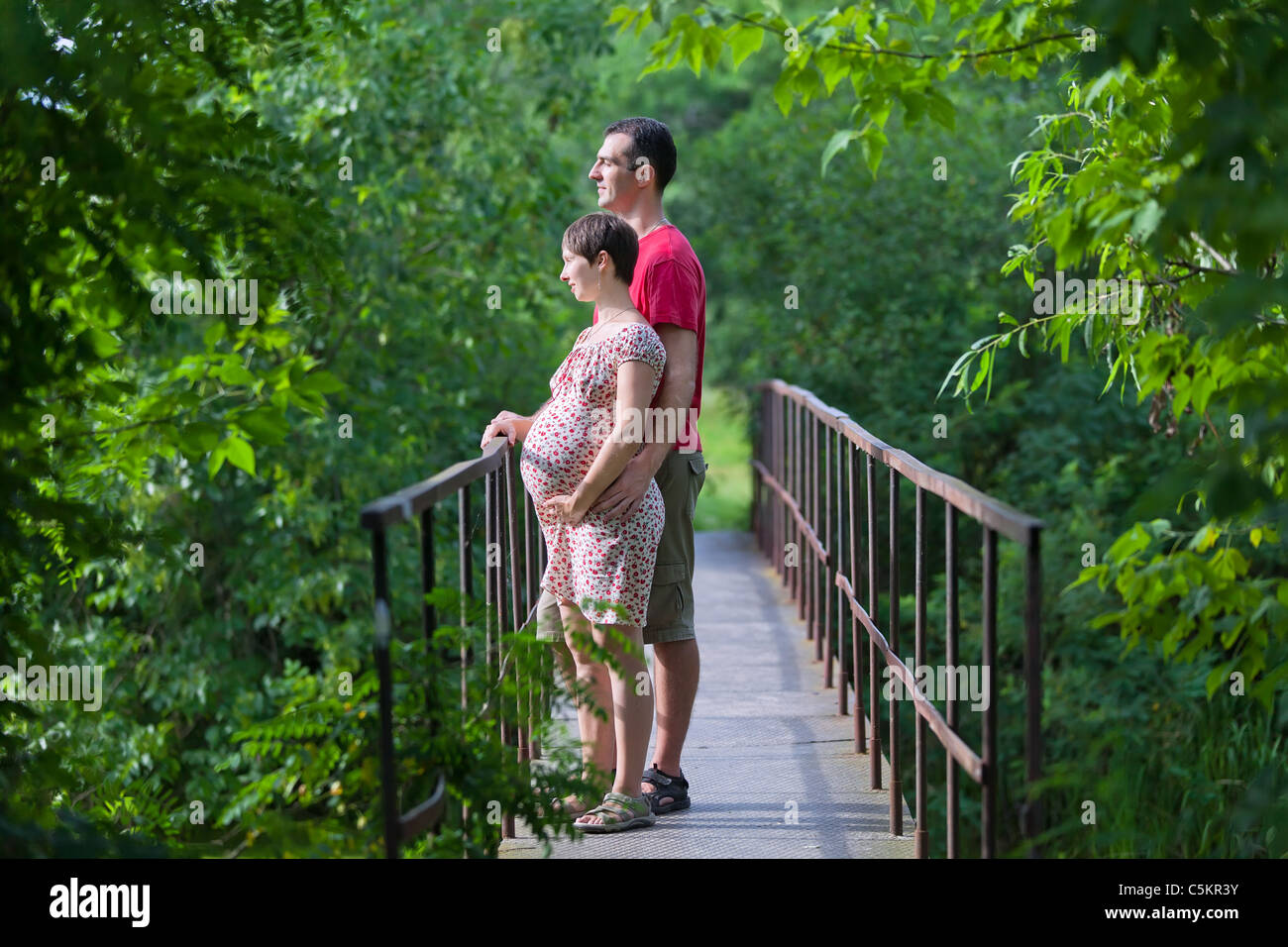 Husband with his pregnant wife on the bridge in green forest Stock ...