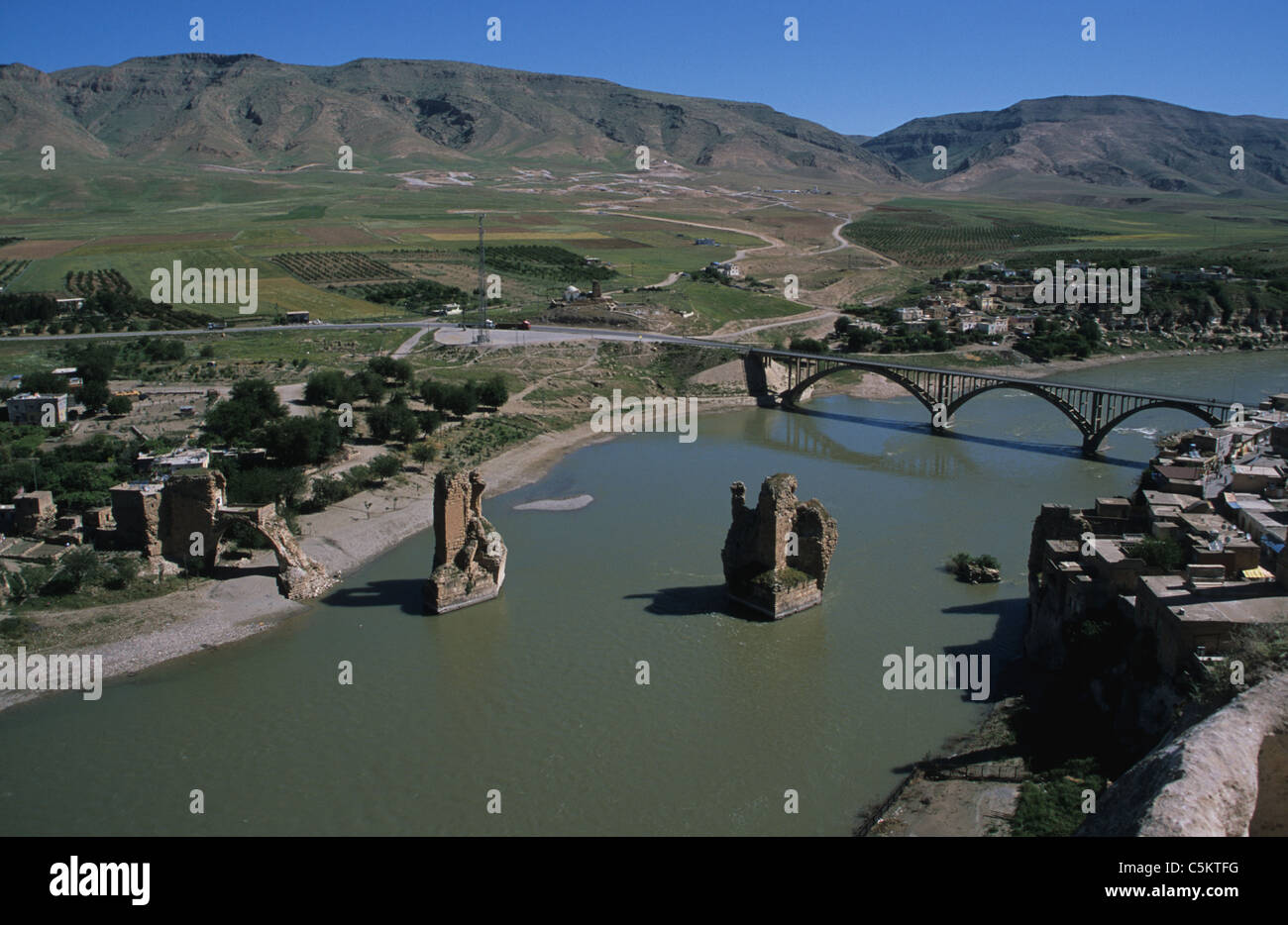 Overhead view, ancient city of Hasankeyf on the Tigris river southeast ...