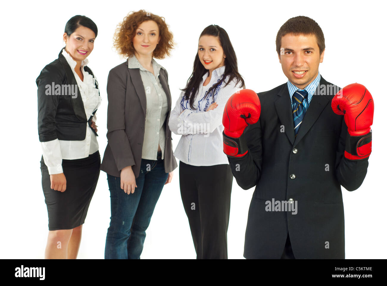 Happy leader man wearing boxing gloves and standing in front of his ...