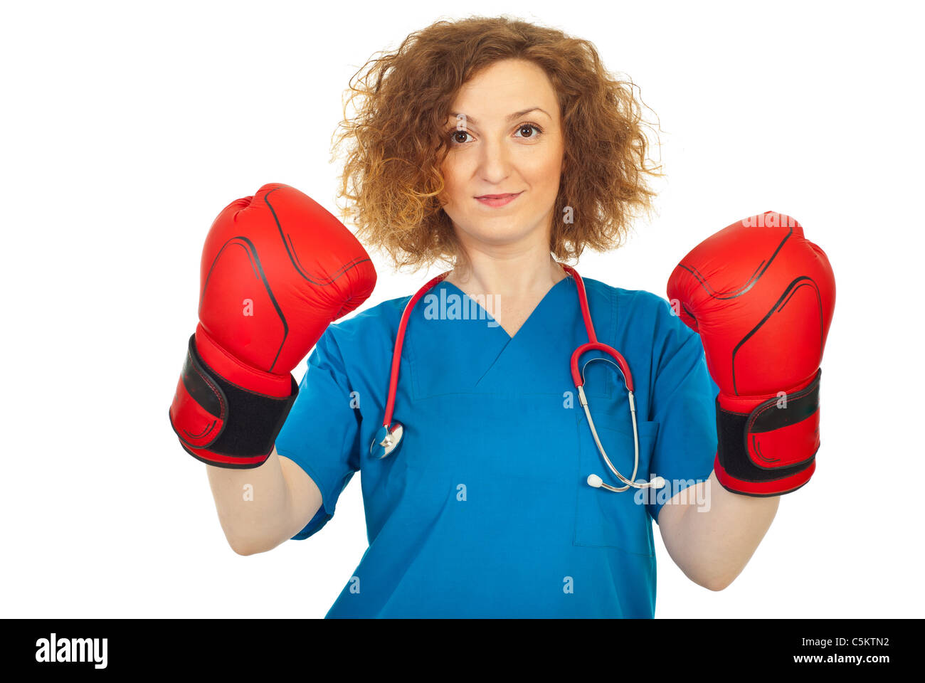 Winner doctor woman with boxing gloves isolated on white background ...