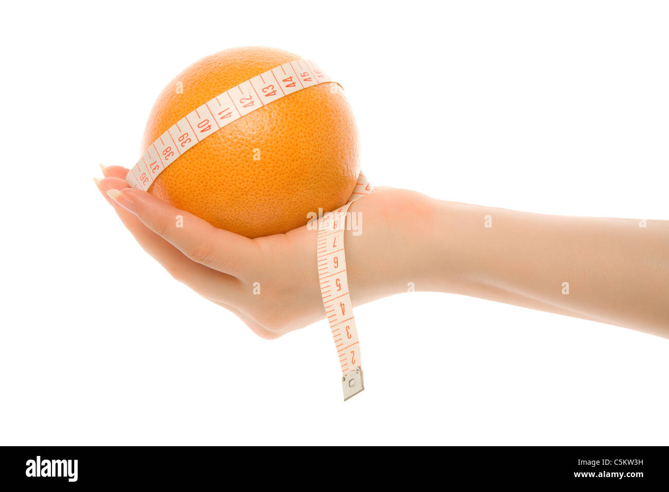 Woman's hand holding orange with measuring tape Stock Photo - Alamy