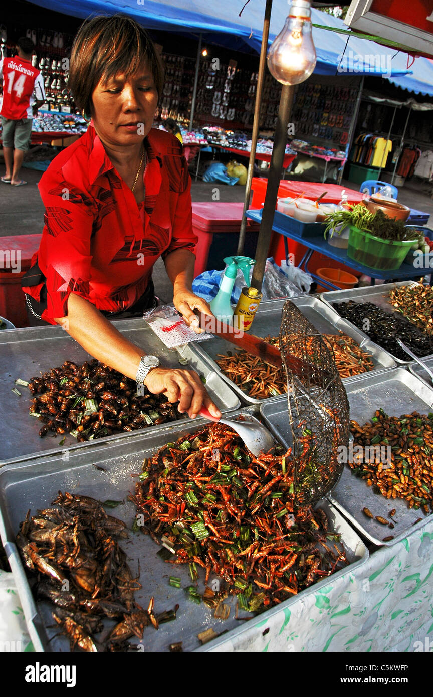 Street food stall selling fried insects, Bangkok, Thailand Stock Photo ...