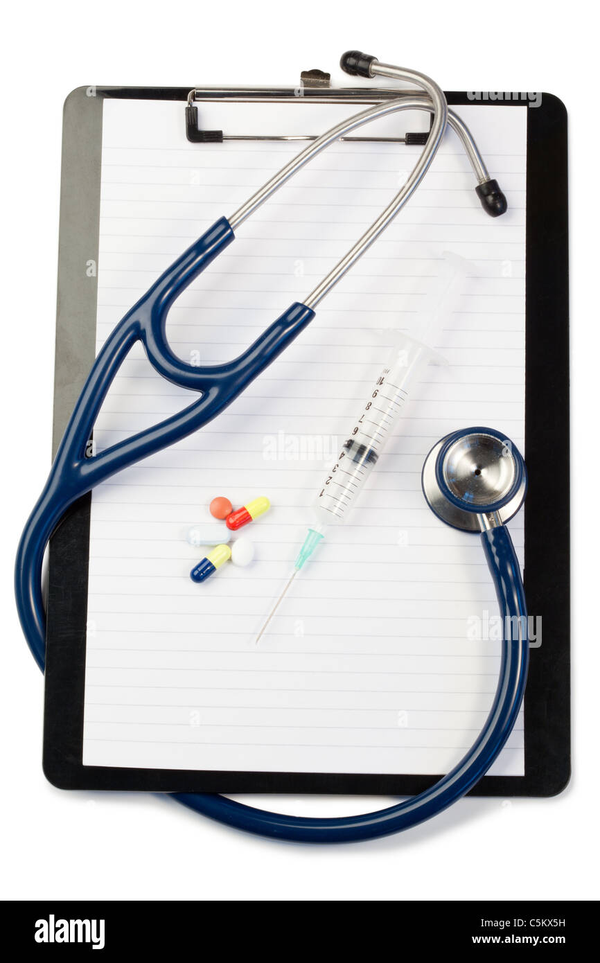 Note pad wth blue stethoscope and pills Stock Photo - Alamy