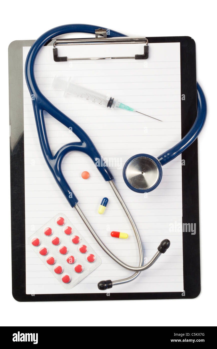 Note pad and stethoscope with capsules blister strip and syringe Stock ...